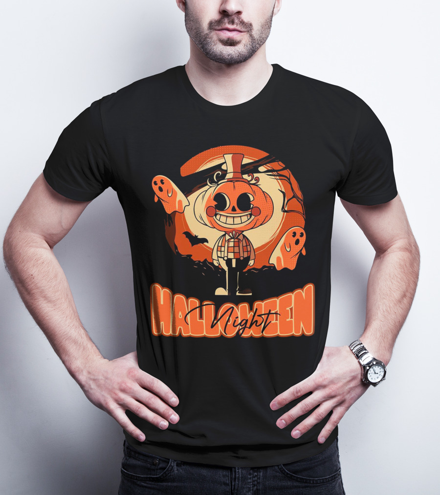 Halloween Night Pumpkin Head Boy With Ghosts And Bats T-Shirt