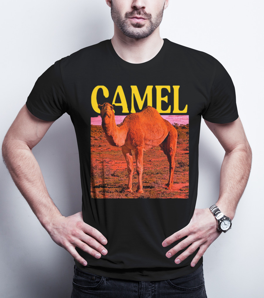 Camel In Vibrant Orange Desert Landscape T-Shirt