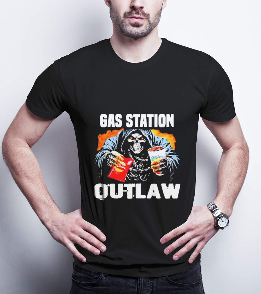 Gas Station Outlaw Chips Fiery Skull T-Shirt