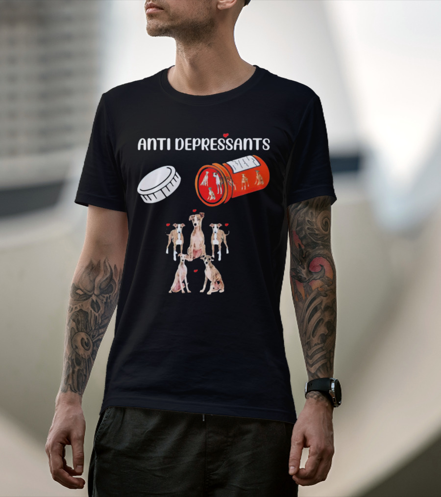 Anti Depressants Dogs Medicine Bottle With Greyhound Puppies T-Shirt
