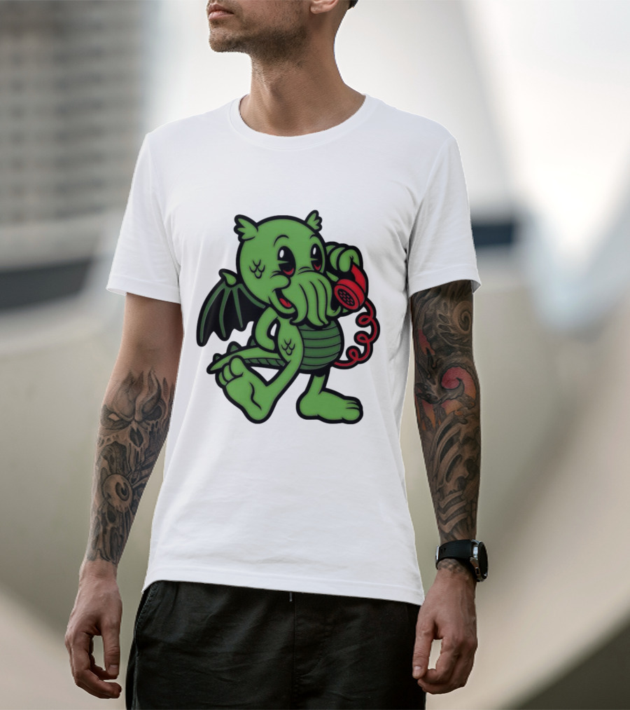 Chubby Cthulhu Phone Call Cartoon With Red Retro Telephone T-Shirt