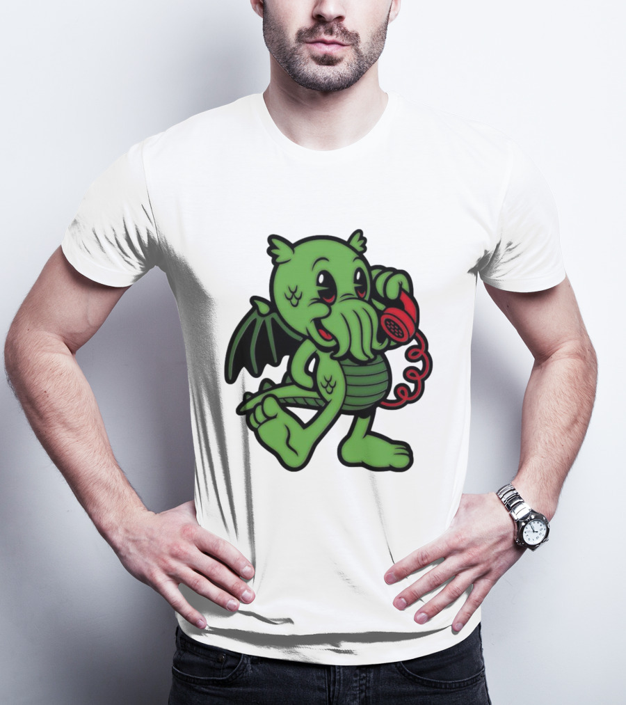 Chubby Cthulhu Phone Call Cartoon With Red Retro Telephone T-Shirt