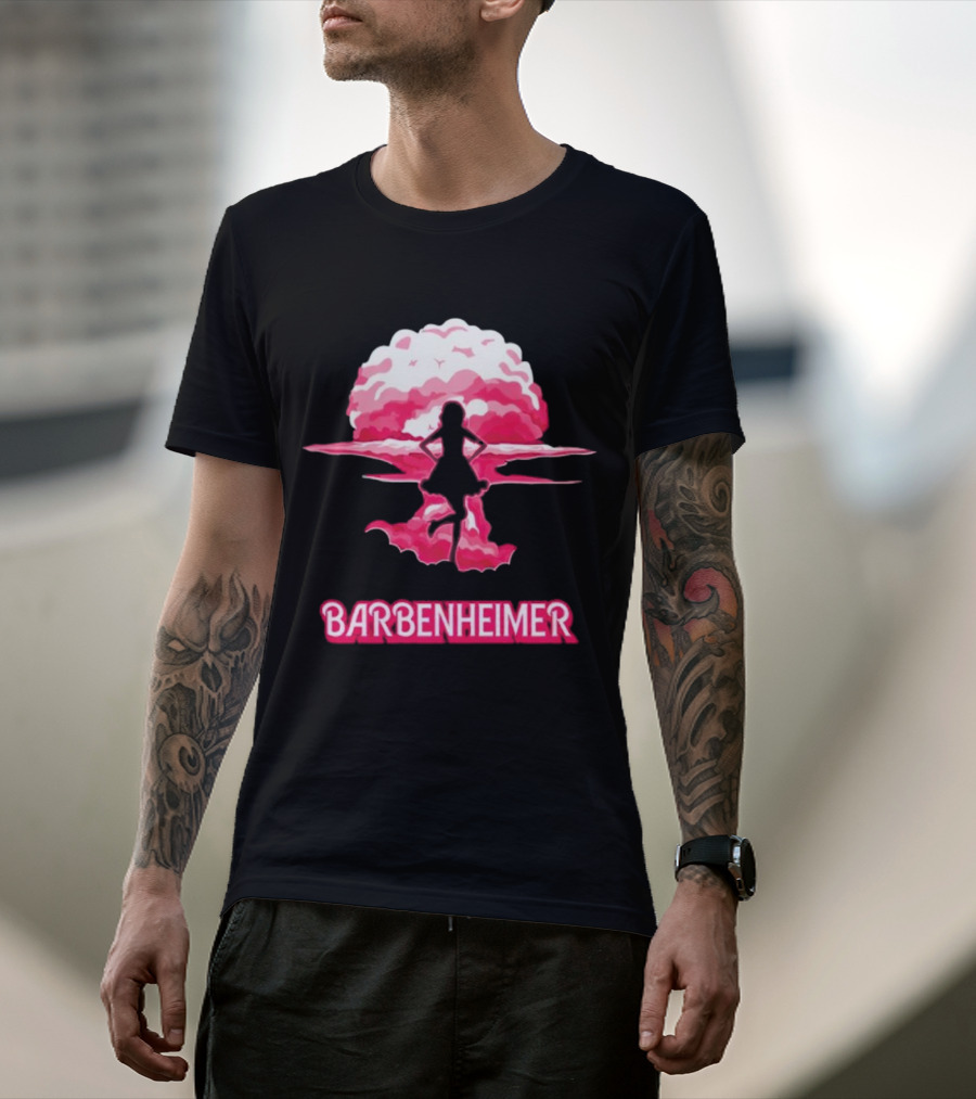 Barbenheimer Fusion Silhouette With Pink Explosion Background T-Shirt