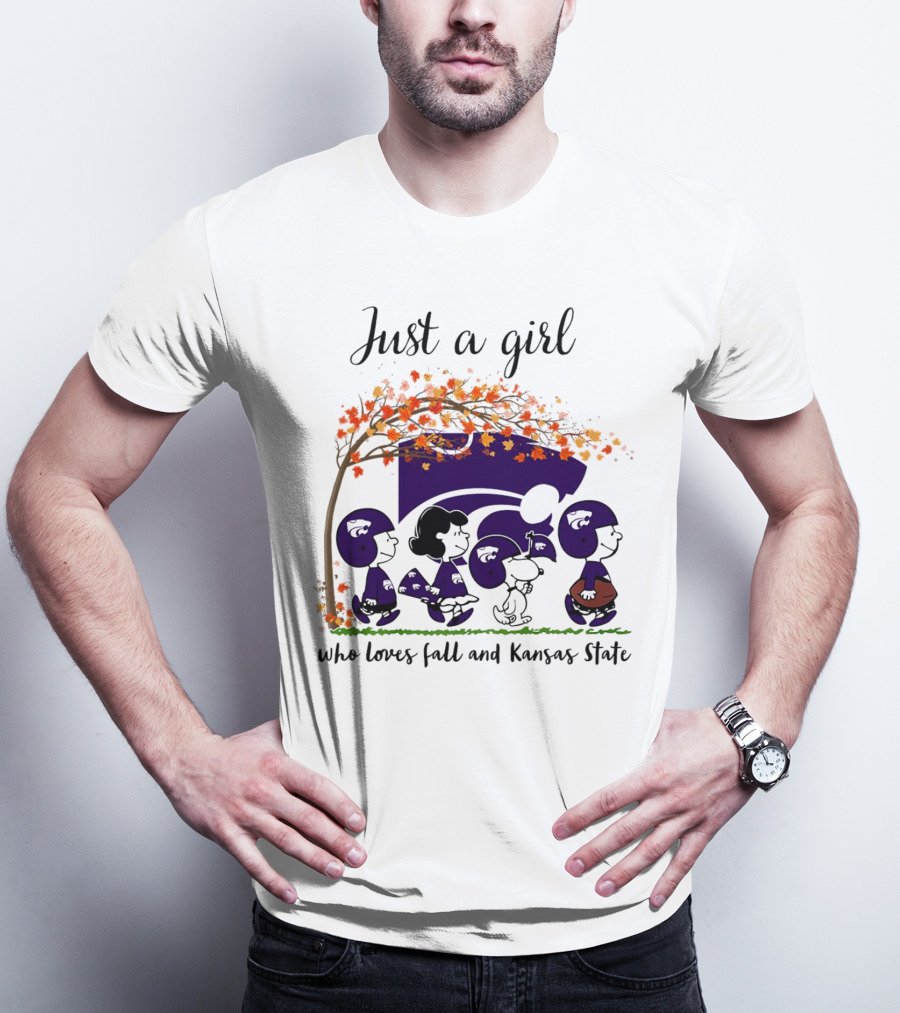 Just A Girl Who Loves Fall And Kansas State Peanuts Cartoon Halloween Football Players T-Shirt