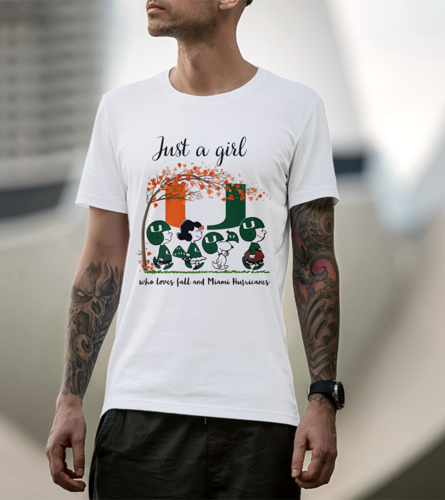 Just A Girl Who Loves Fall And Miami Hurricanes Peanuts Cartoon T-Shirt