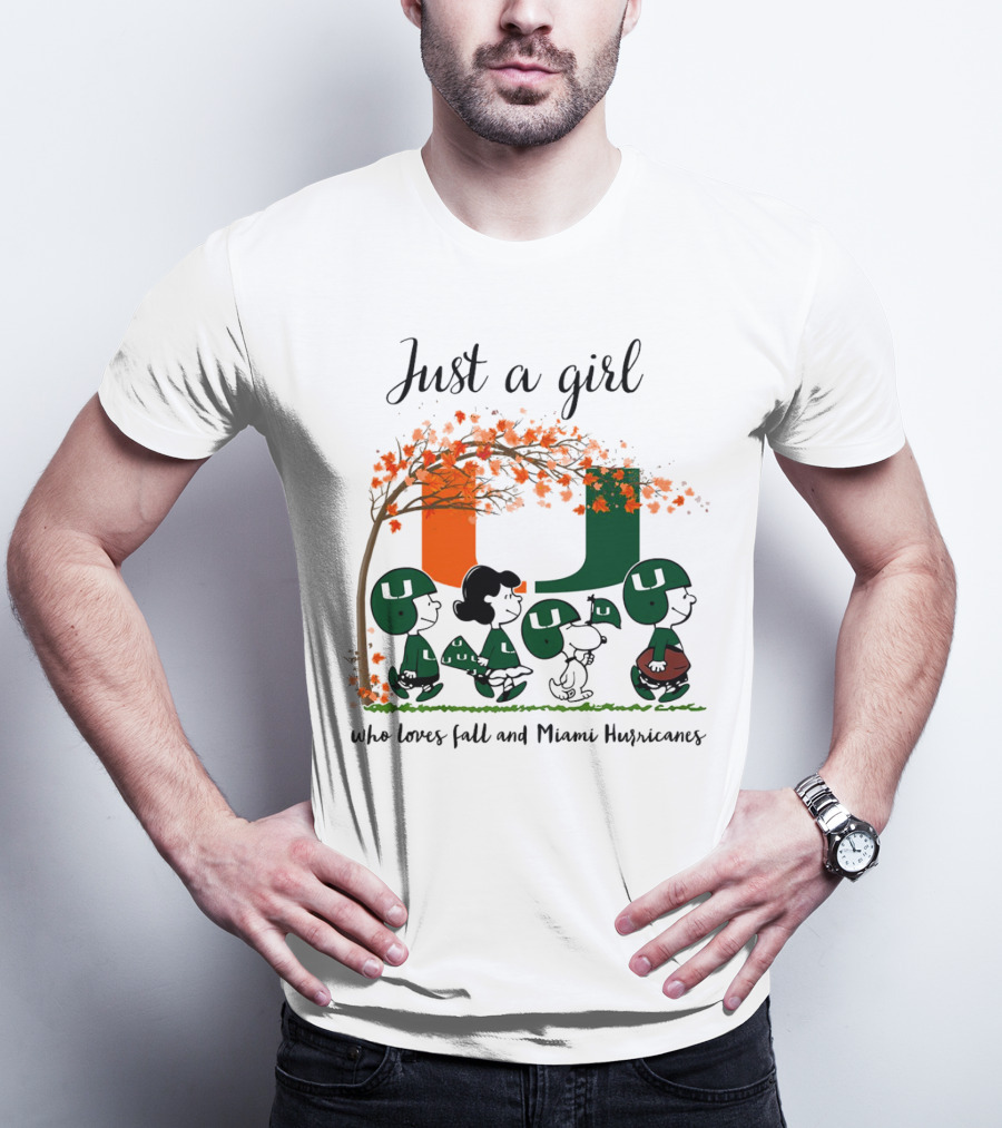 Just A Girl Who Loves Fall And Miami Hurricanes Peanuts Cartoon T-Shirt