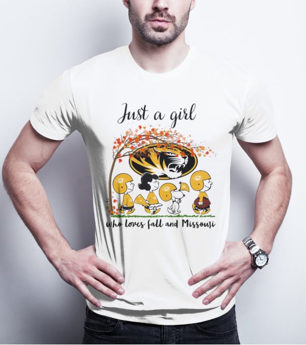 Just A Girl Who Loves Fall And Missouri Peanuts Cartoon Halloween Football Tiger Leaves T-Shirt