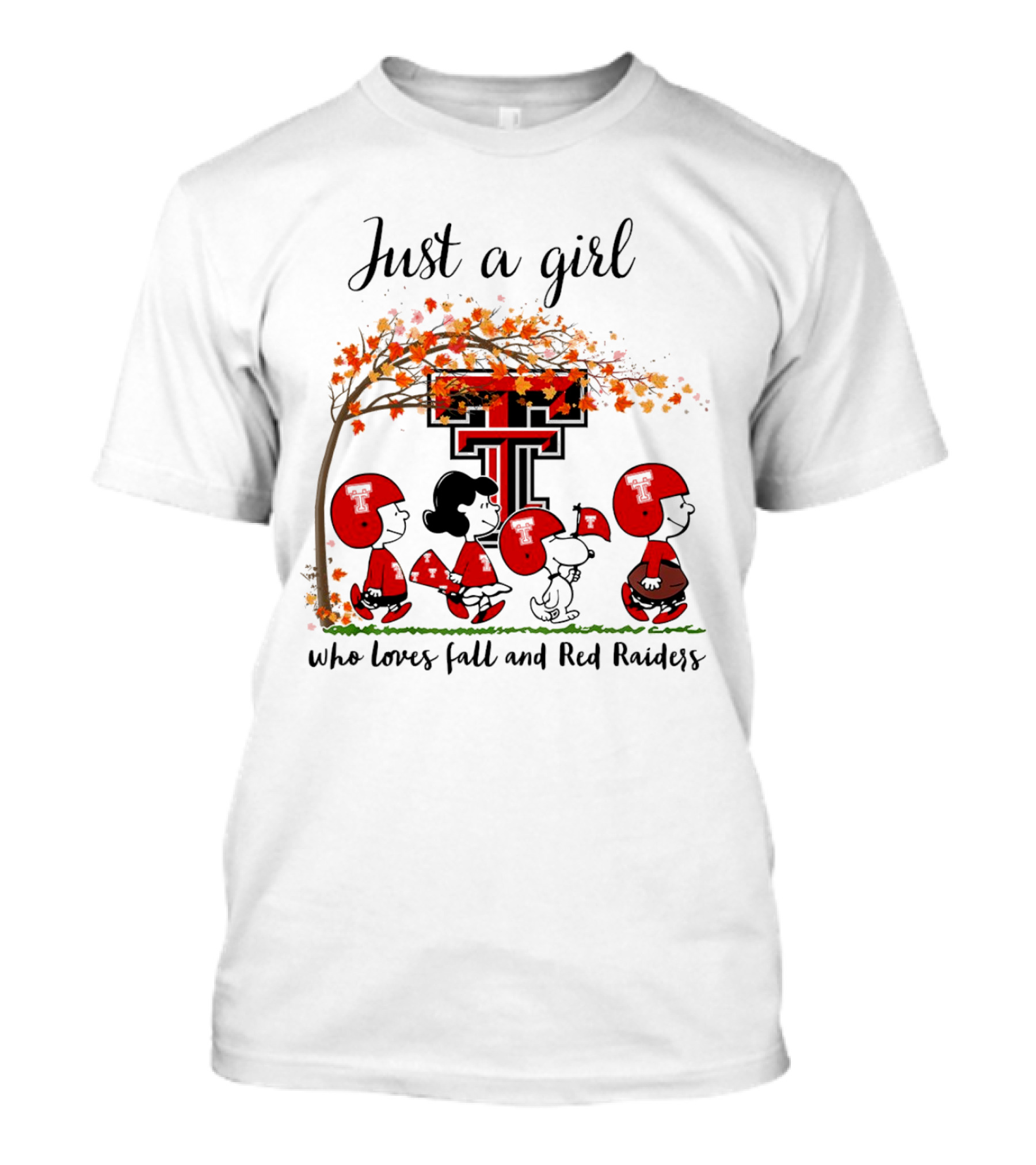 Just A Girl Who Loves Fall And Red Raiders Peanuts Cartoon Football Fans T-Shirt