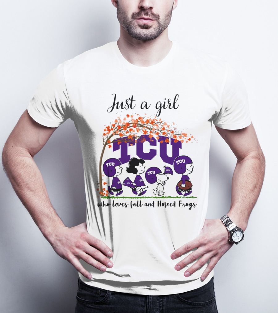 Just A Girl Who Loves Fall TCU Horned Frogs Peanuts Cartoon T-Shirt