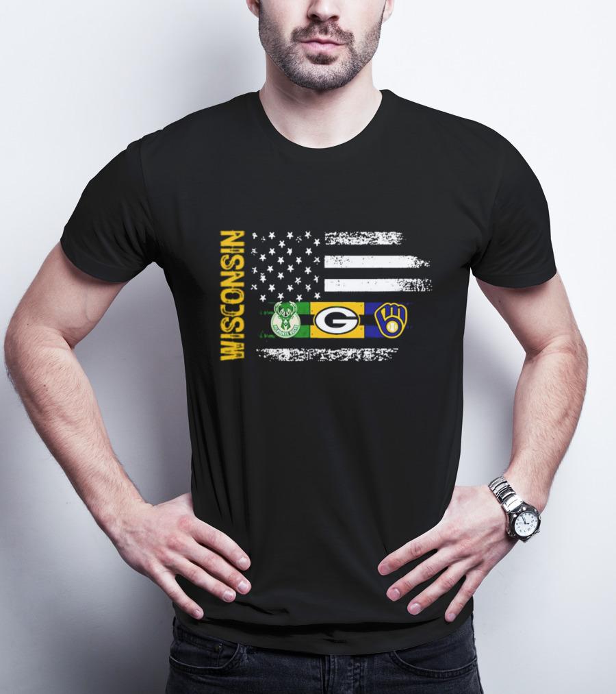 Wisconsin Flag American Sports Green Bay Packers Milwaukee Bucks Milwaukee Brewers T-Shirt