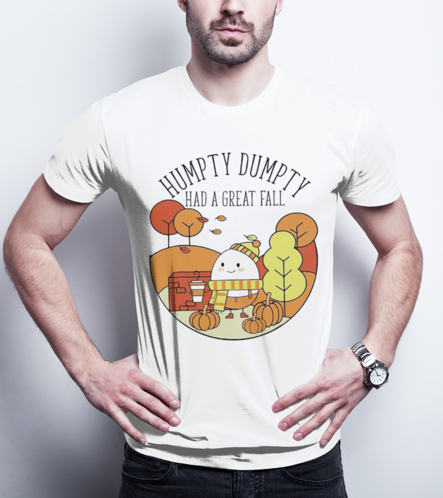 Humpty Dumpty Had A Great Fall Autumn Leaves Pumpkin Scarf Cafe Scene T-Shirt