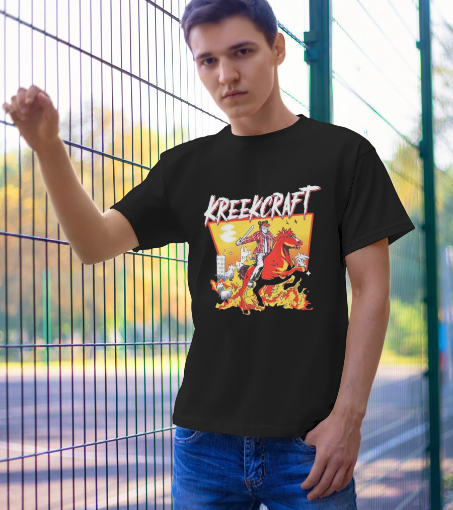 Kreekcraft Warrior Riding Fiery Horse In Urban Landscape T-Shirt