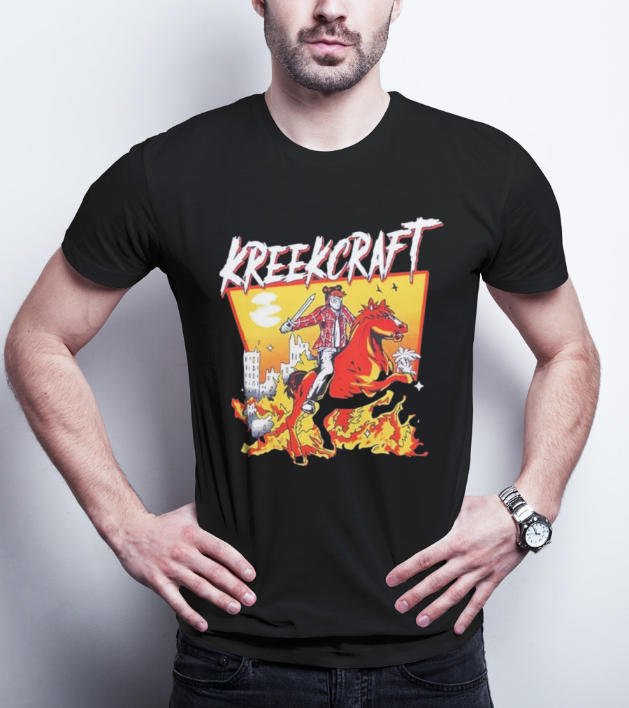 Kreekcraft Warrior Riding Fiery Horse In Urban Landscape T-Shirt