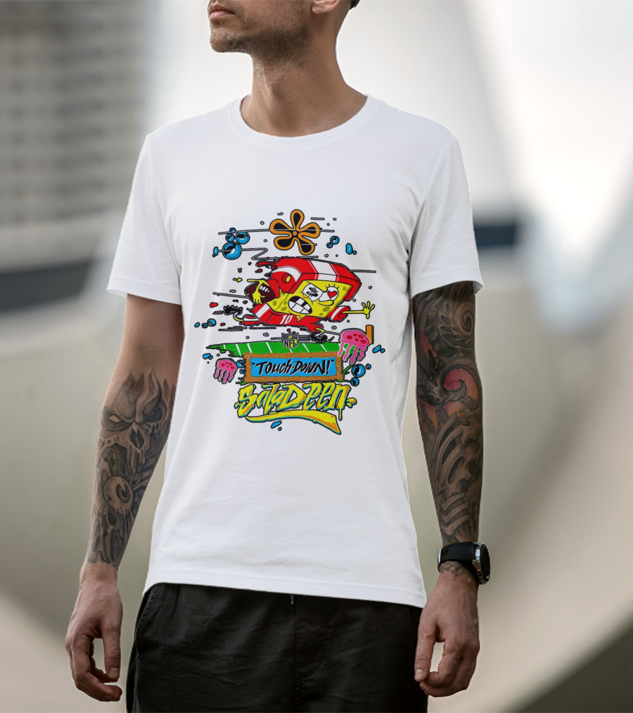NFL Junk Food SpongeBob X King Saladeen Touchdown Saladeen Graffiti Art Football Character Burst T-Shirt