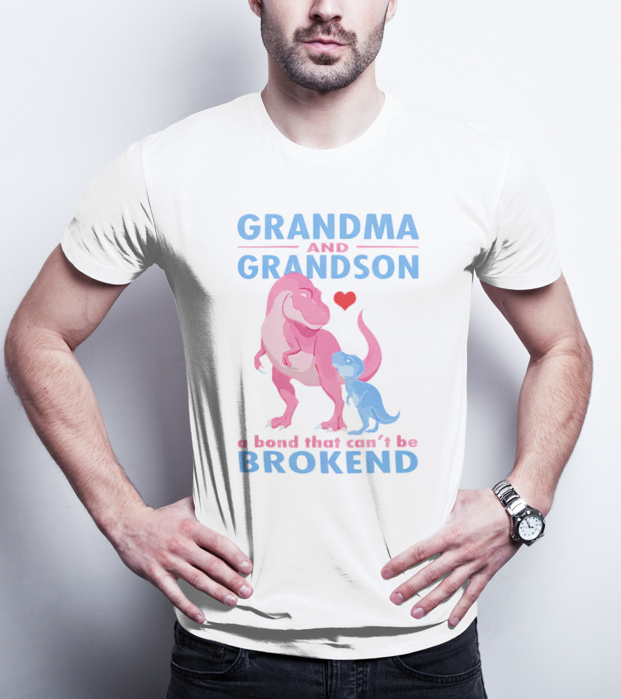 Grandma And Grandson A Bond That Can't Be Broken With Pink And Blue Dinosaurs And Heart T-Shirt