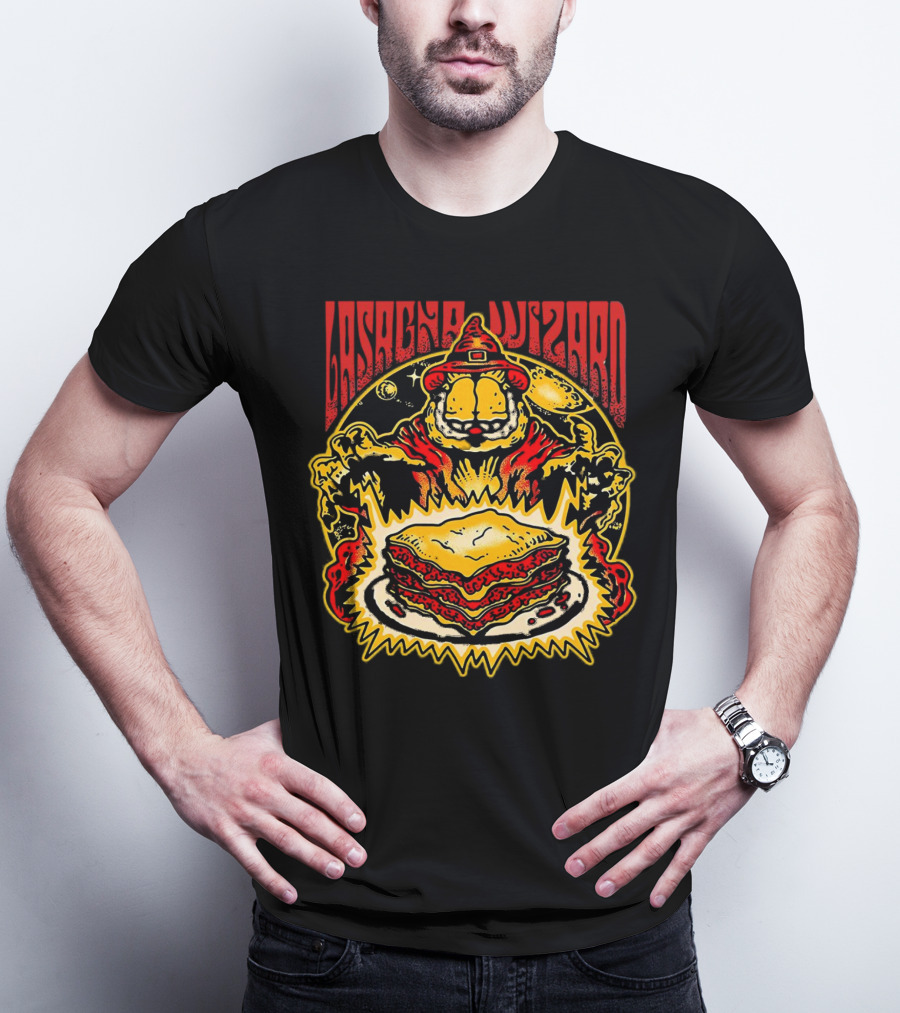 Lasagna Wizard Garfield Magic Plate Cosmic Cat Fantasy T-Shirt