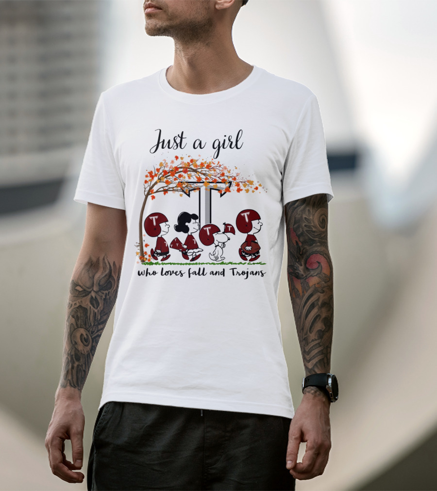 Just A Girl Who Loves Fall And Trojans Peanuts Cartoon T-Shirt