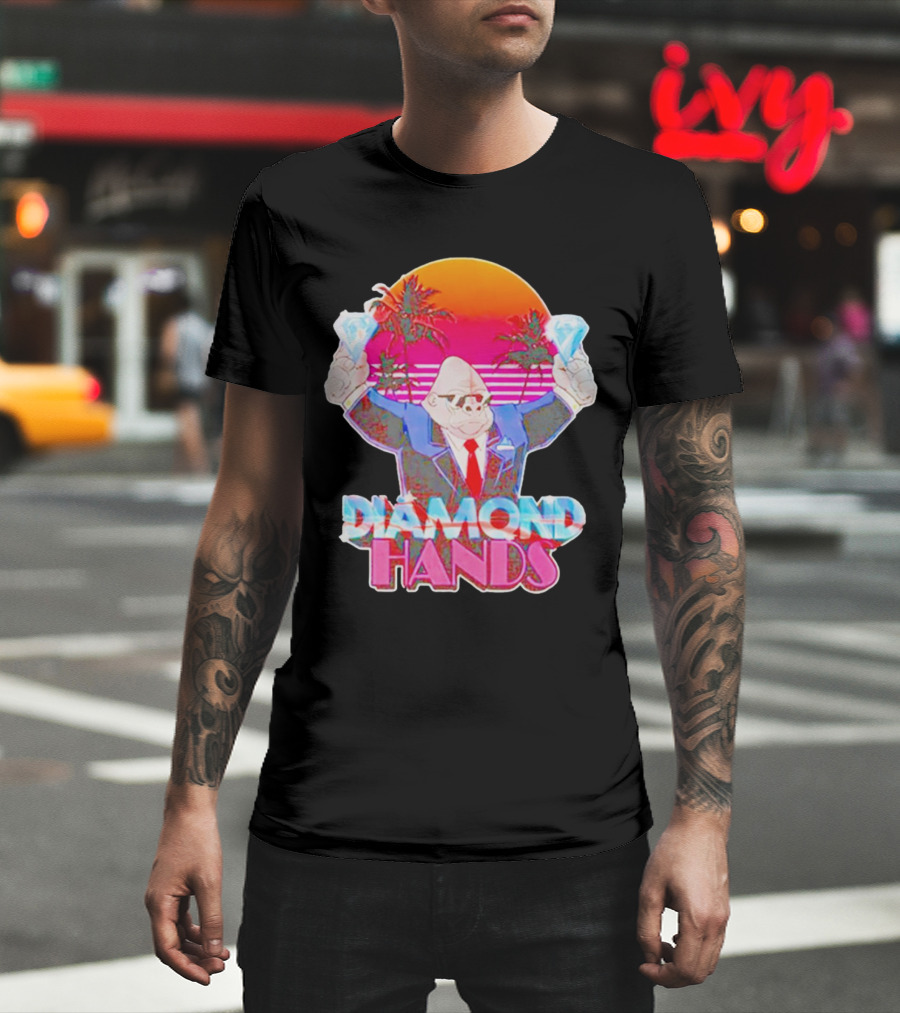 Diamond Hands Gorilla In Suit With Dollars And Vintage Sunset Background T-Shirt