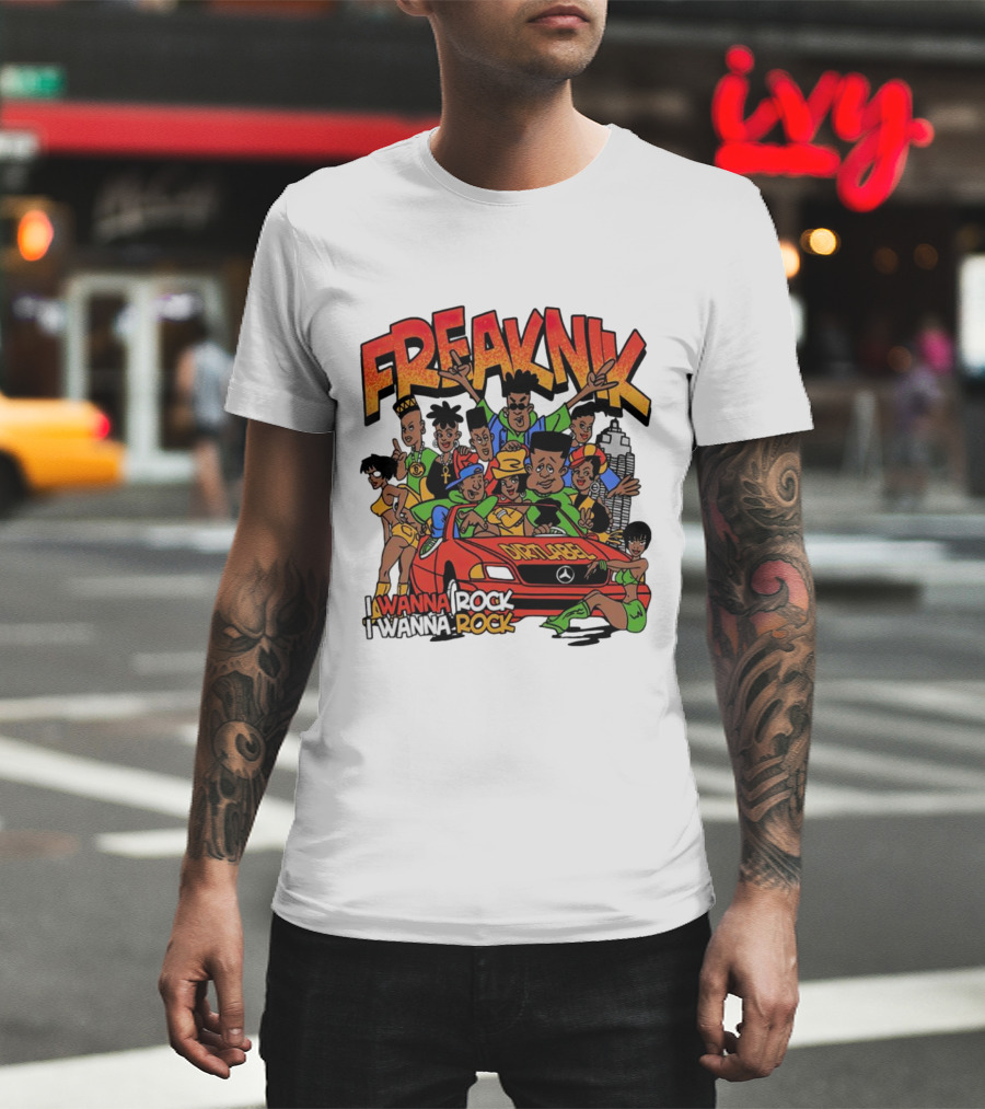 FreakNik I Wanna Rock Cartoon Characters In Red Car T-Shirt