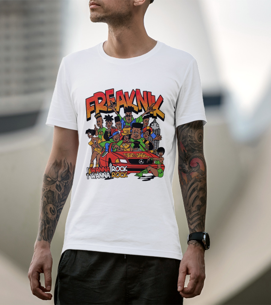 FreakNik I Wanna Rock Cartoon Characters In Red Car T-Shirt