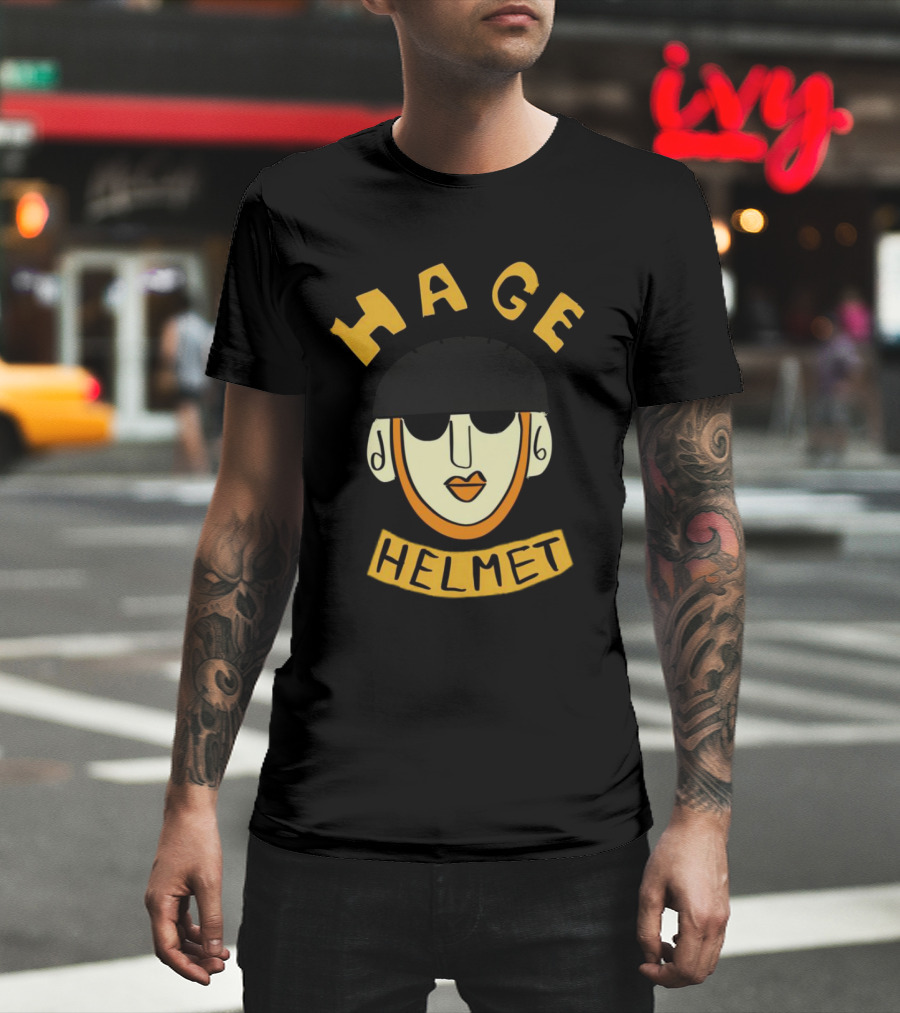 HAGE Helmet Face Black Cap Bold Lettering T-Shirt