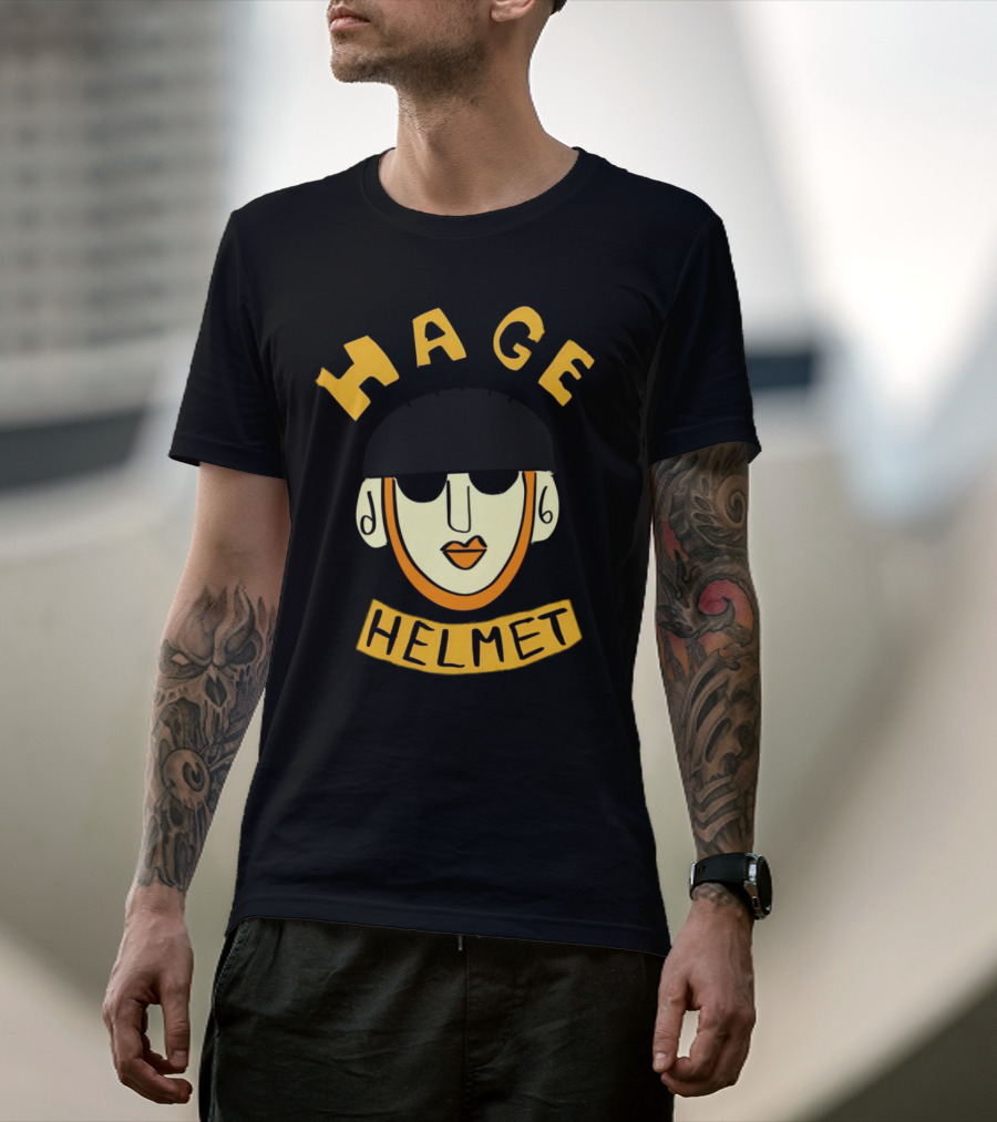 HAGE Helmet Face Black Cap Bold Lettering T-Shirt