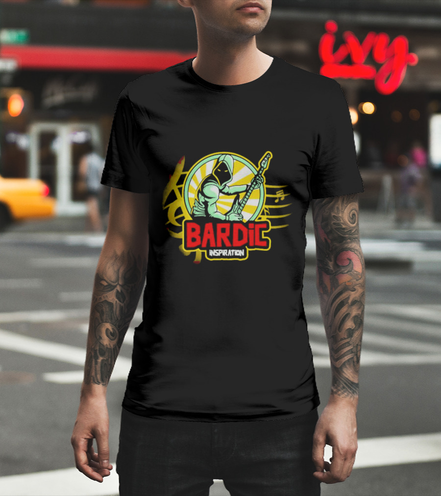 Bardic Inspiration Musical Hooded Figure With Guitar And Notes T-Shirt