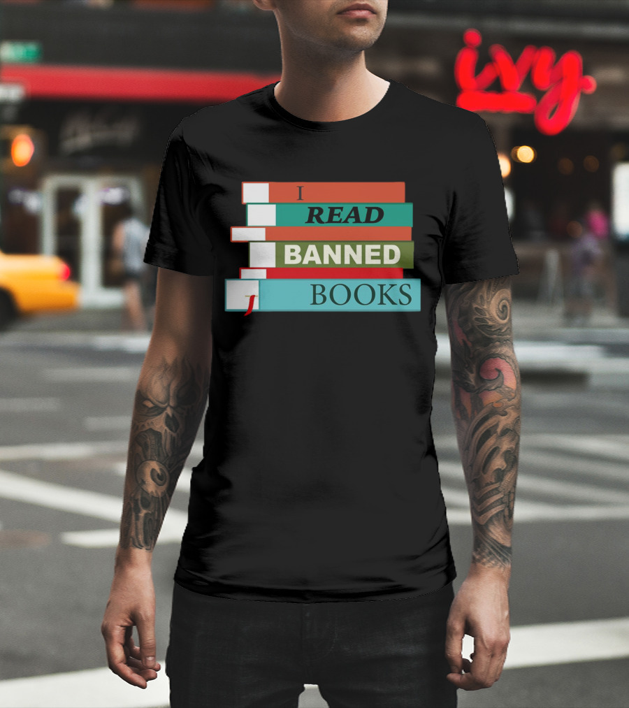 I Read Banned Books Stacked Colorful Titles T-Shirt