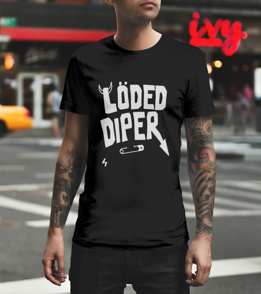 Löded Diper Band Logo With Horns, Arrow, Safety Pin, And Lightning Bolt T-Shirt