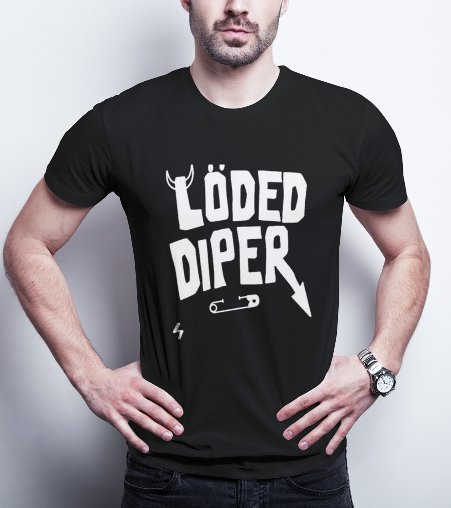 Löded Diper Band Logo With Horns, Arrow, Safety Pin, And Lightning Bolt T-Shirt