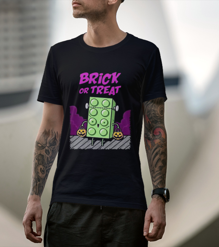 Brick Or Treat Halloween Green Block With Jack-o'-Lanterns Cartoon T-Shirt
