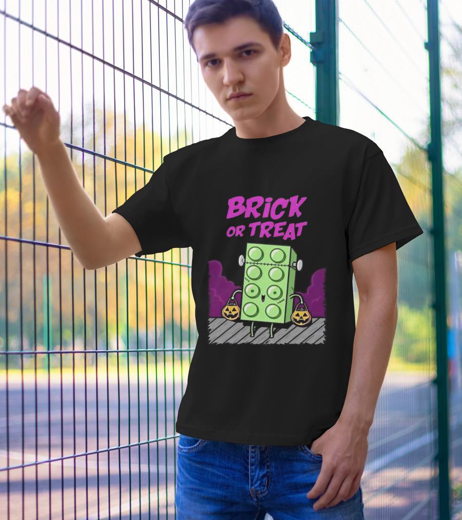 Brick Or Treat Halloween Green Block With Jack-o'-Lanterns Cartoon T-Shirt