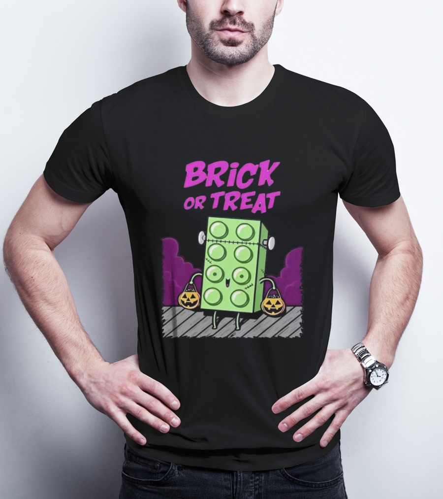 Brick Or Treat Halloween Green Block With Jack-o'-Lanterns Cartoon T-Shirt
