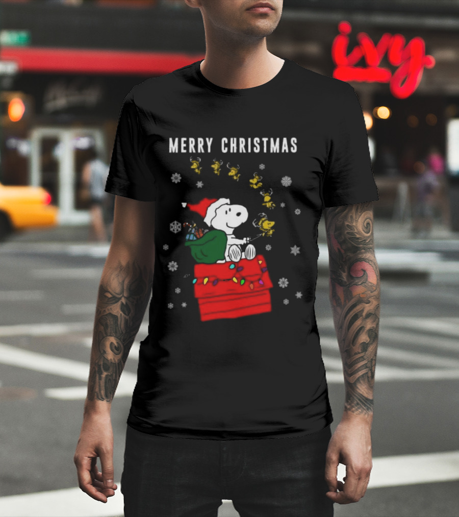 Merry Christmas Snoopy Santa On Doghouse With Reindeer And Snowflakes T-Shirt