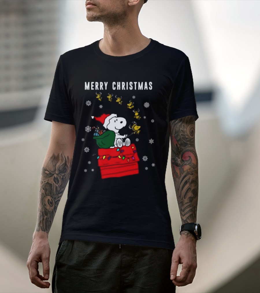 Merry Christmas Snoopy Santa On Doghouse With Reindeer And Snowflakes T-Shirt