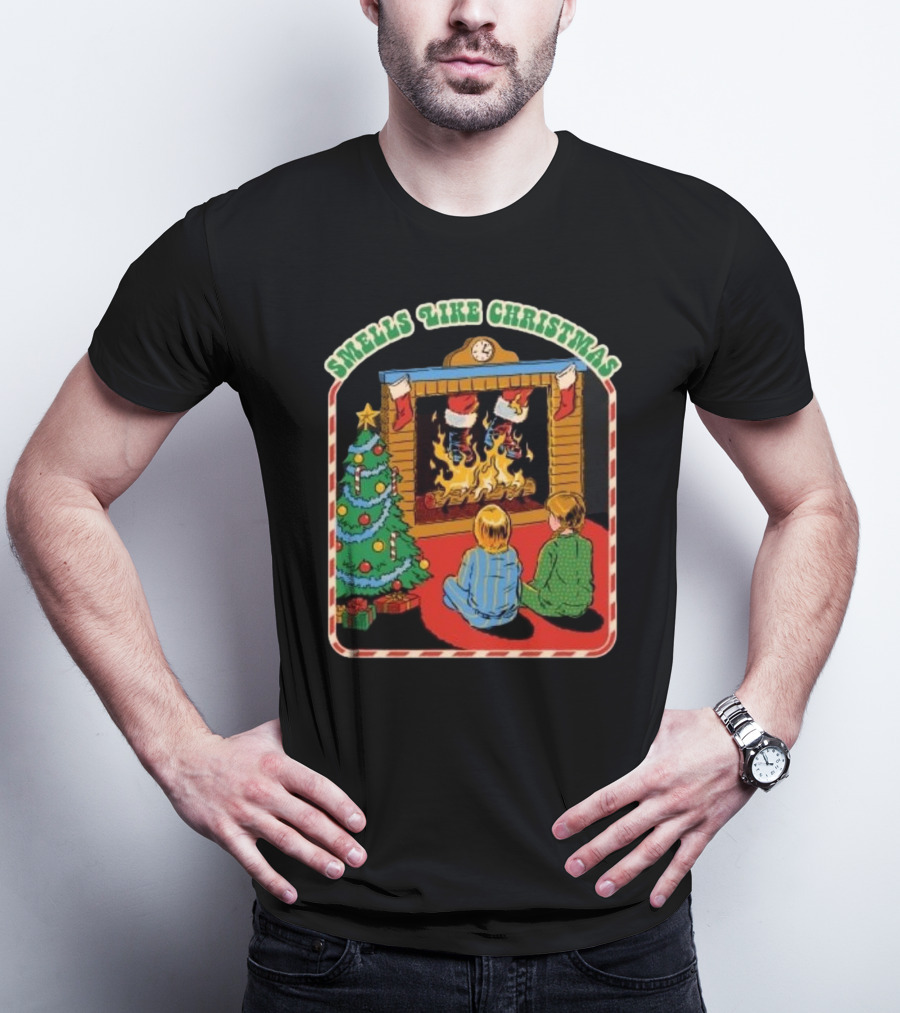 Smells Like Christmas By The Fireplace With Christmas Tree And Stockings T-Shirt