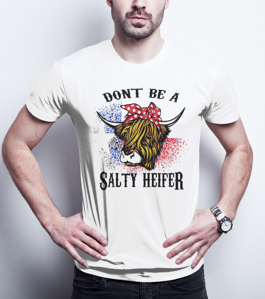 Don't Be A Salty Heifer Highland Cow With American Flag Colors T-Shirt