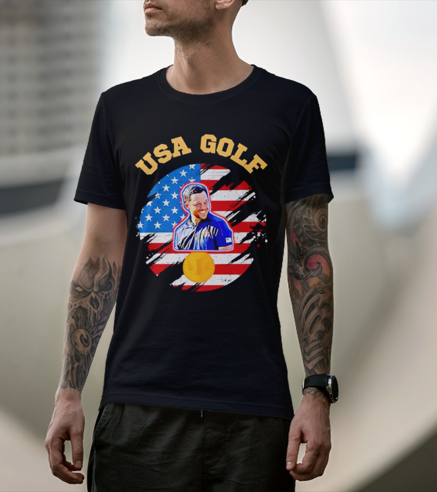 USA Golf Xander Schauffele USA Flag Gold Medal T-Shirt