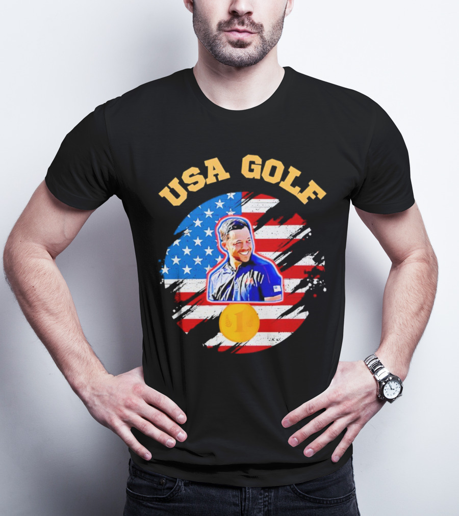 USA Golf Xander Schauffele USA Flag Gold Medal T-Shirt