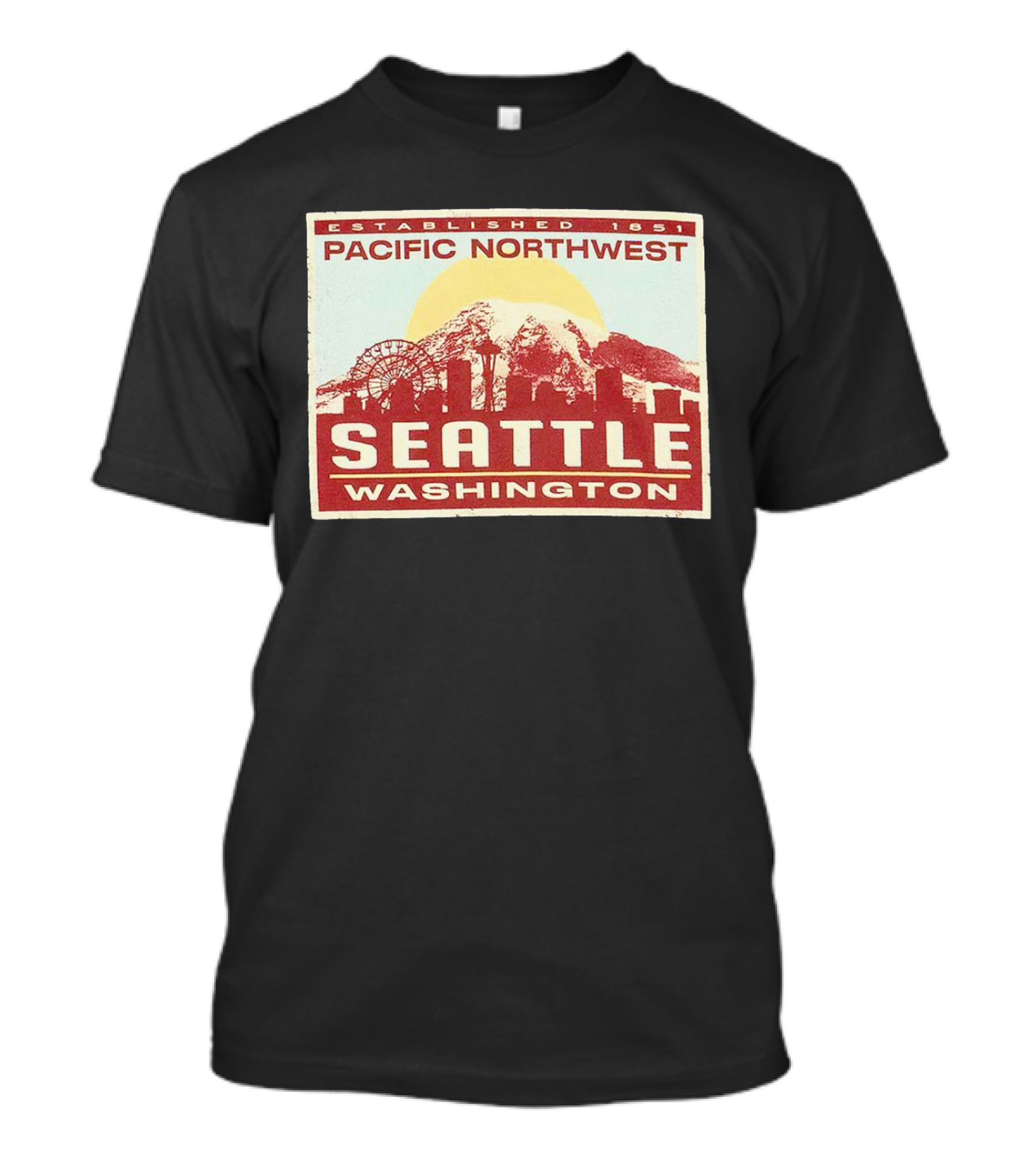 Seattle Pacific Northwest Established 1851 Washington Skyline Ferris Wheel Sun Mountain T-Shirt