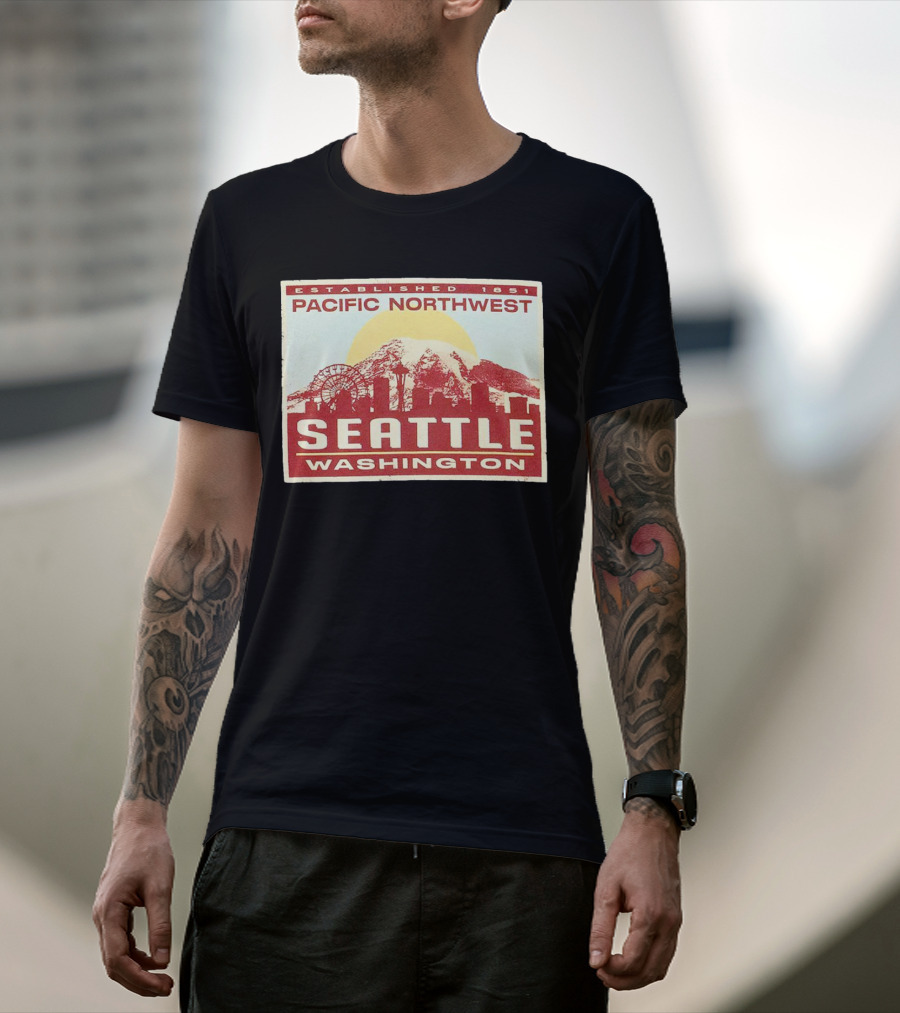 Seattle Pacific Northwest Established 1851 Washington Skyline Ferris Wheel Sun Mountain T-Shirt