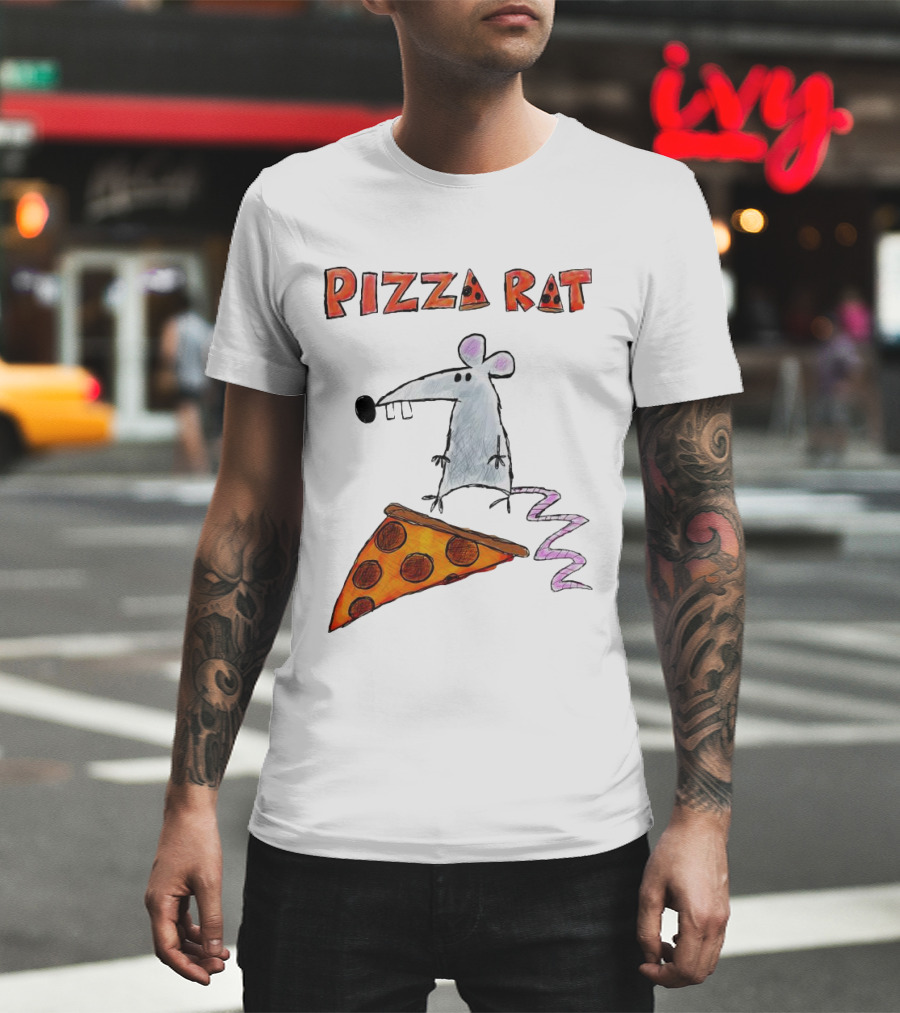 Pizza Rat Riding Pepperoni Slice With Whimsical Cartoon T-Shirt