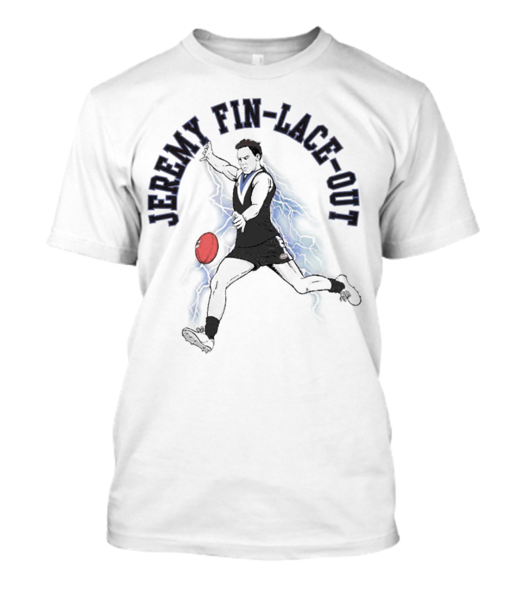 Jeremy Fin-lace-out AFL Kicking Action With Blue Lightning And Red Football T-Shirt