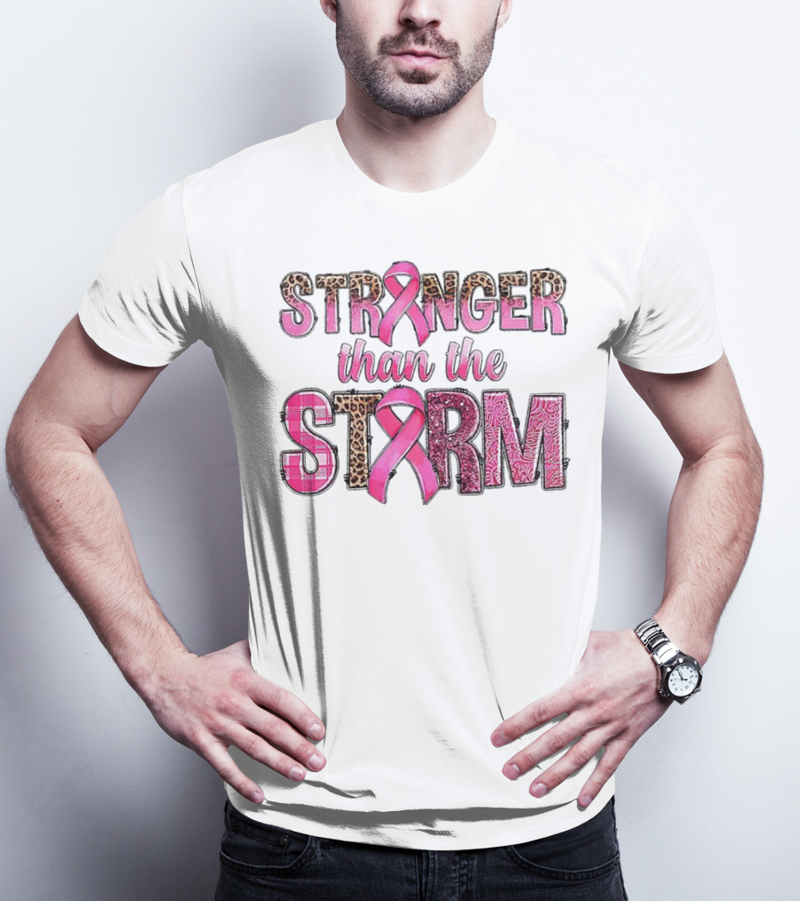 Stronger Than The Storm Breast Cancer Awareness Pink Ribbon Leopard Zebra Print T-Shirt