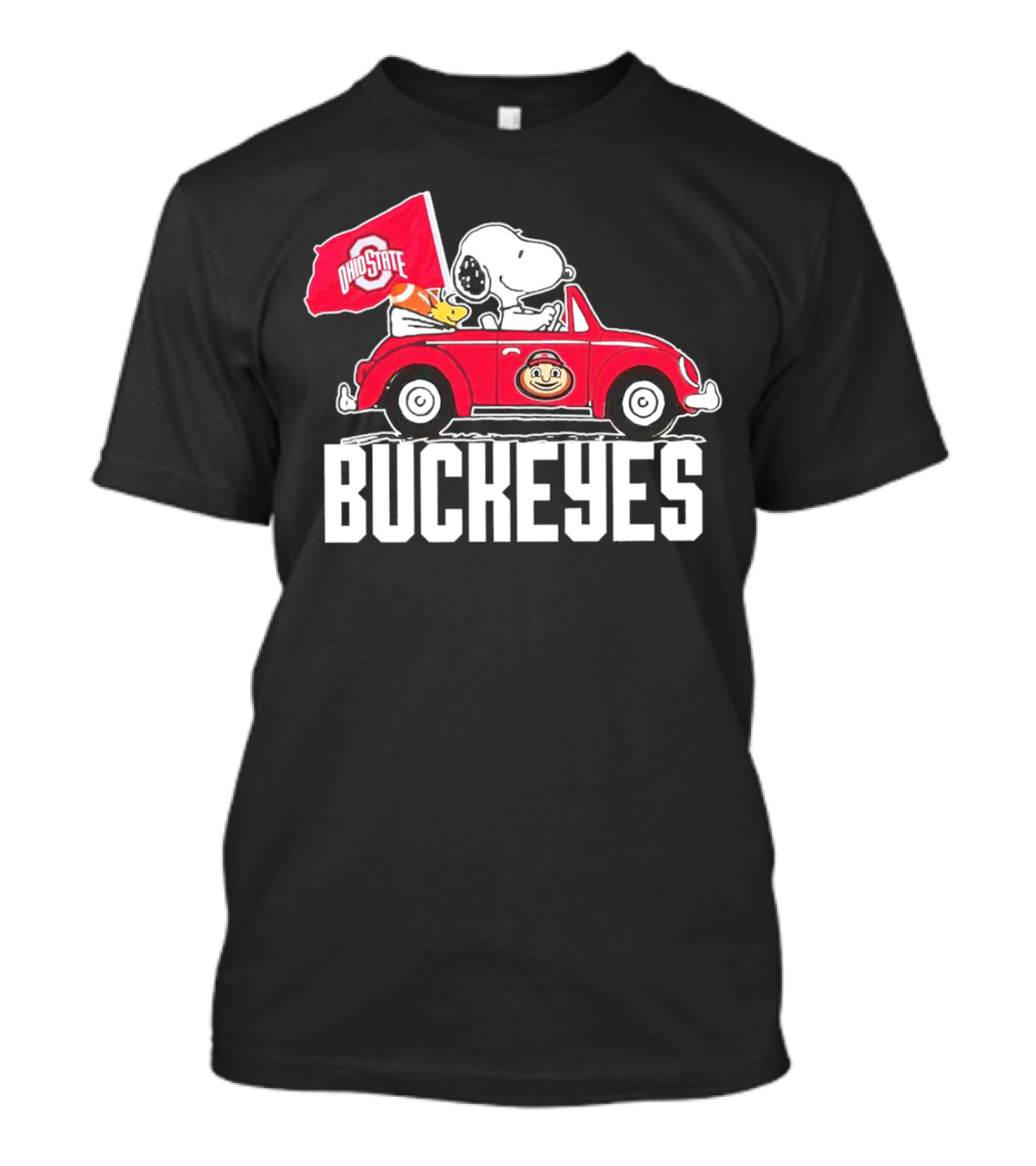 Snoopy And Woodstock Driving Red Car With Ohio State Buckeyes Flag T-Shirt