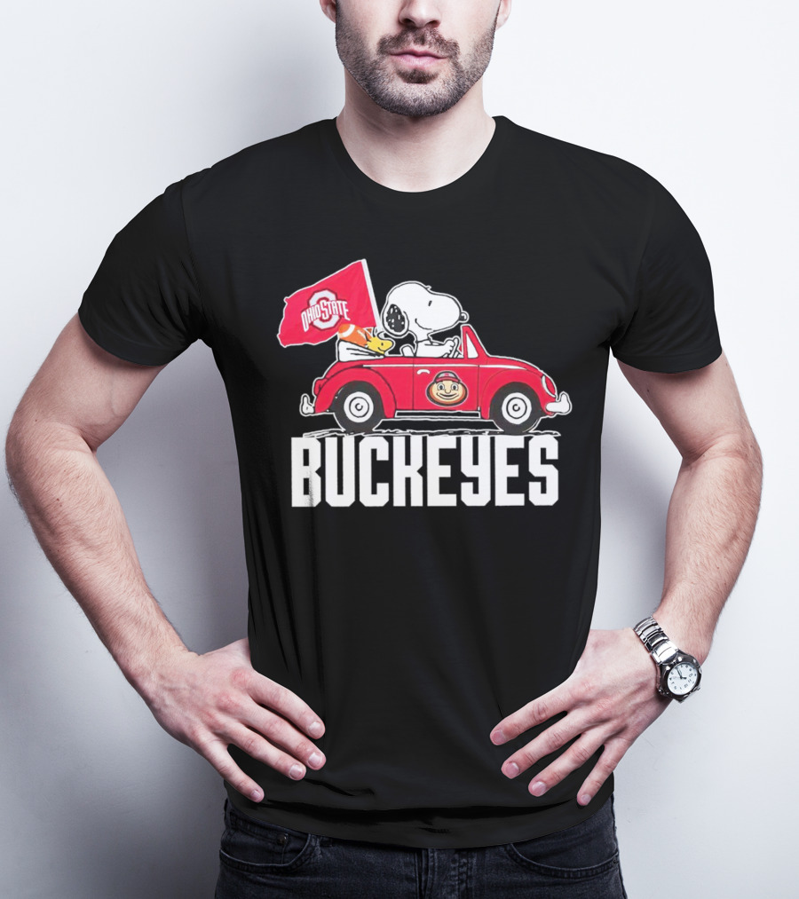 Snoopy And Woodstock Driving Red Car With Ohio State Buckeyes Flag T-Shirt