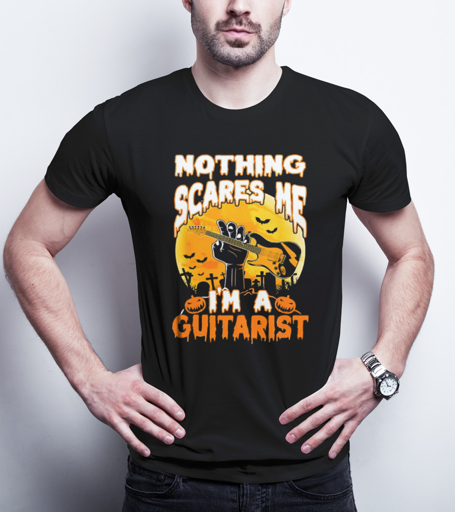 Nothing Scares Me I'm A Guitarist Music Vintage Halloween Graveyard Scene Guitar Hand Pumpkins Bats T-Shirt