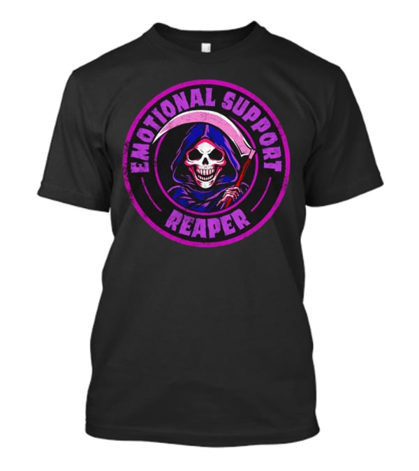 Emotional Support Reaper Skeleton With Scythe In Purple Hood T-Shirt