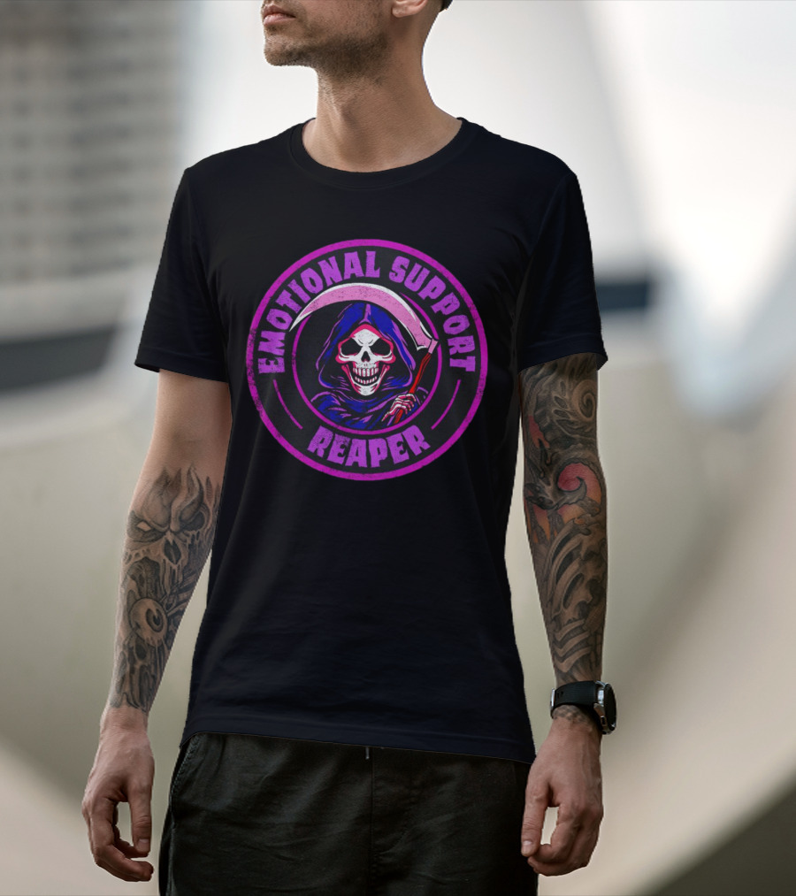 Emotional Support Reaper Skeleton With Scythe In Purple Hood T-Shirt