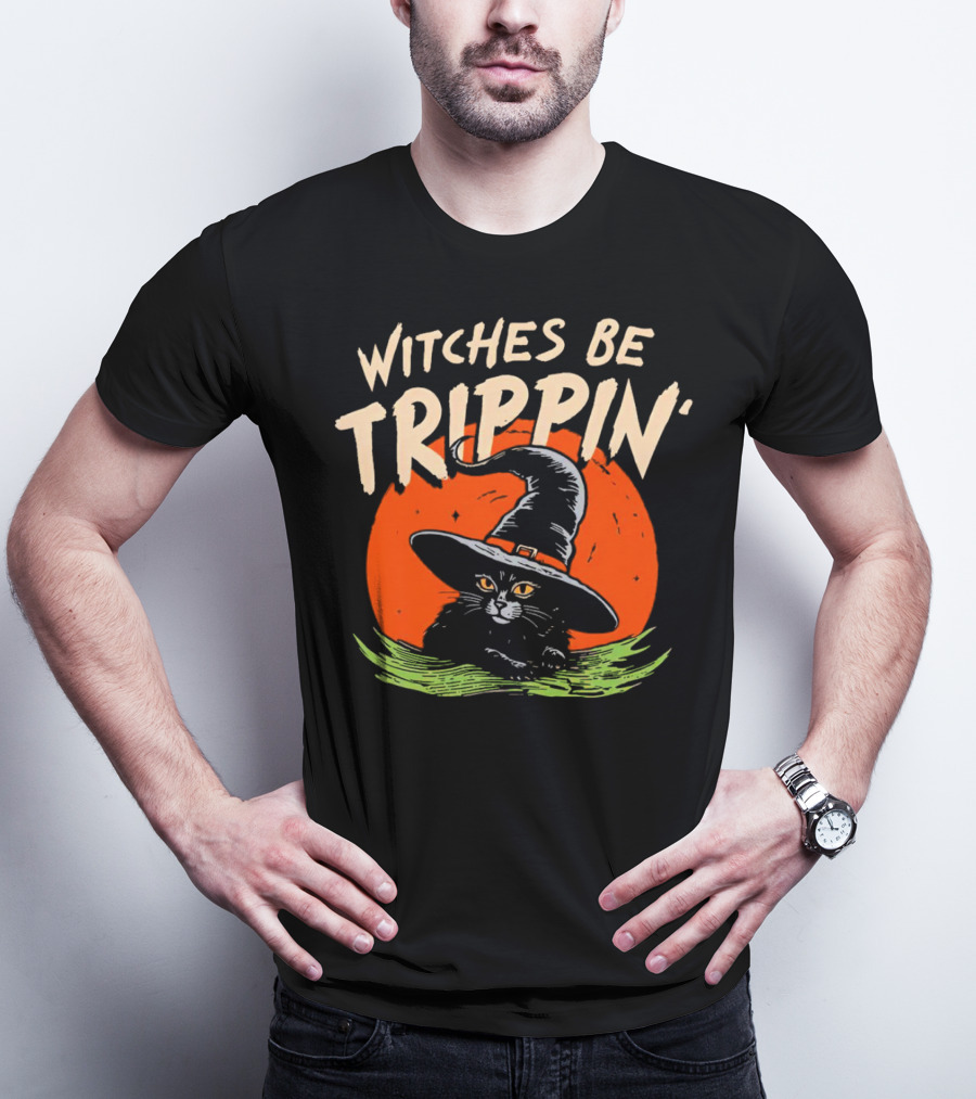Witches Be Trippin’ Cat With Witch Hat And Red Moon Halloween T-Shirt